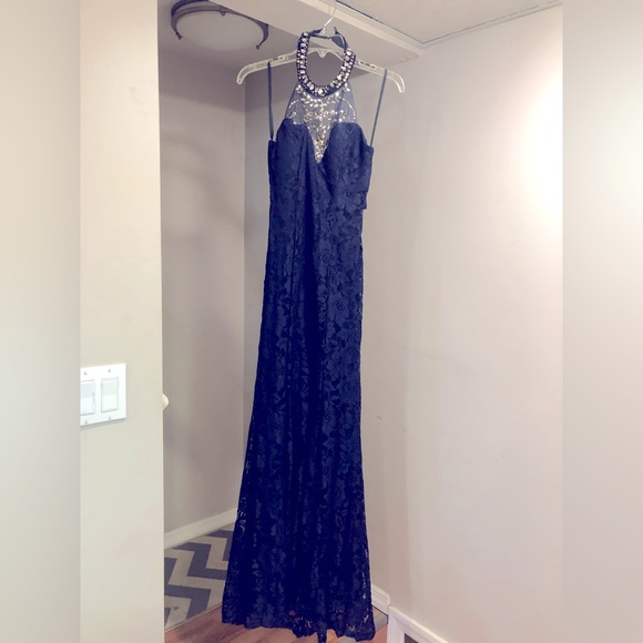 B Darlin | Dresses | B Darlin Blue Lace And Gold Beaded High Neck ...